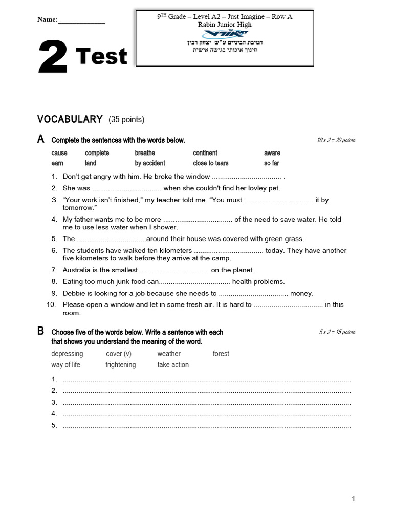 9th Grade A2 Vocabulary and Grammar Test | PDF | Malaria | Rainforest