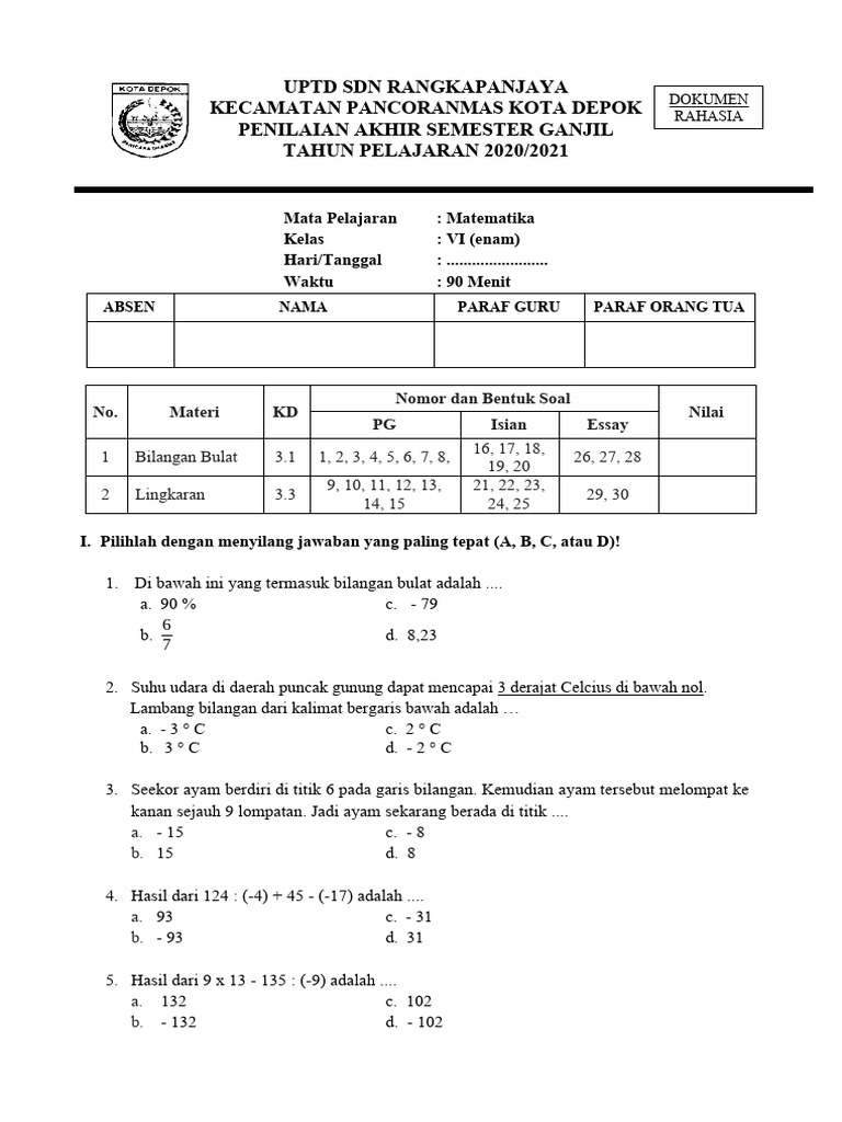 Soal PAS MTK SMSTR Ganjil 2020 | PDF