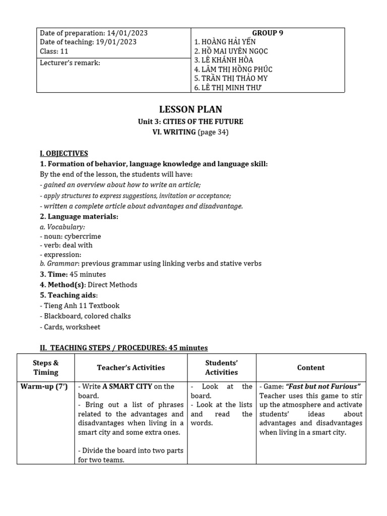 GROUP 9 - Lesson Plan - Writing - DEMO1 | PDF | Verb | Word