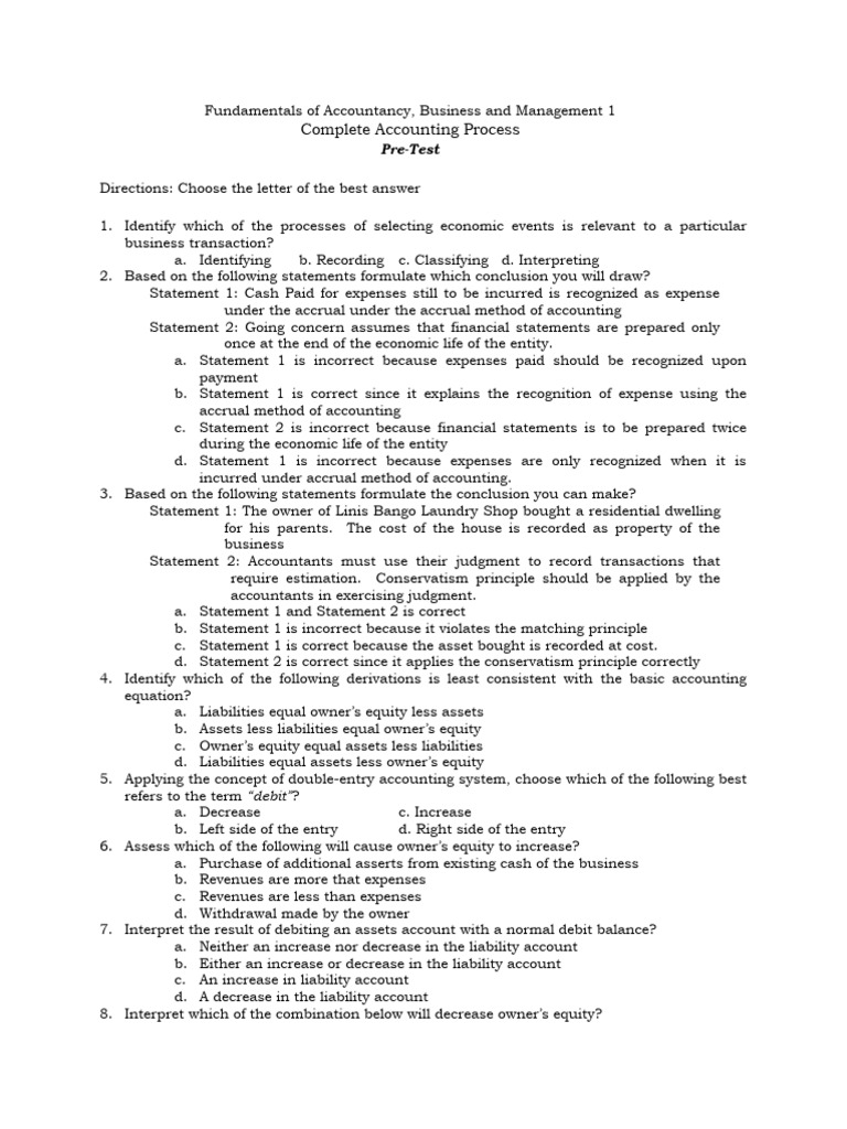 Fabm1 Pre Test | PDF | Debits And Credits | Expense