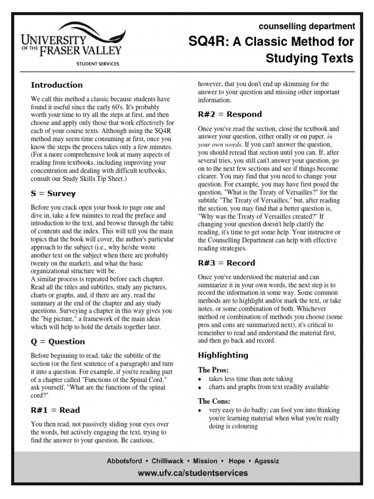 SQ4R+ +a+Classic+Method+for+Studying+Texts | PDF | Study Skills | Speed ...