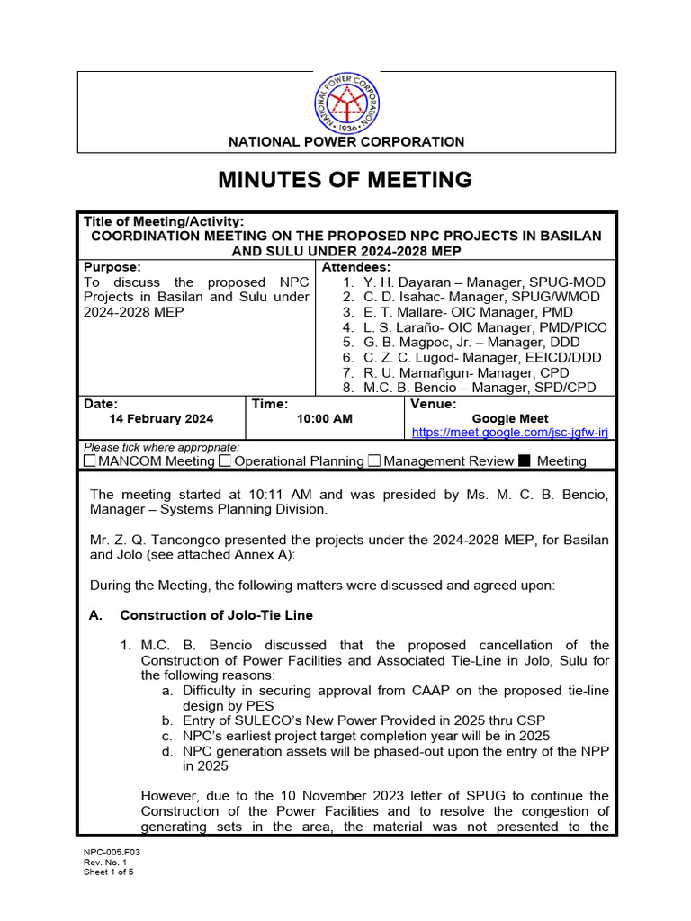 14 February 2024 Minutes Of The Meeting Re Coordination Meeting On The