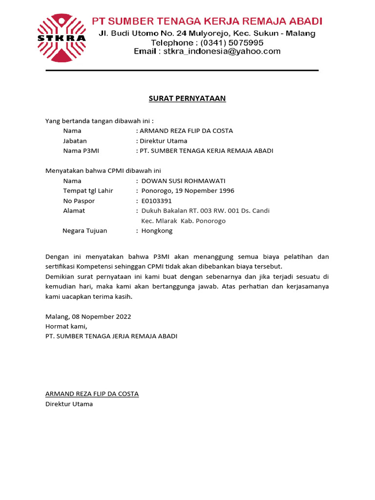 Surat Pernyataan Zero Cost | PDF