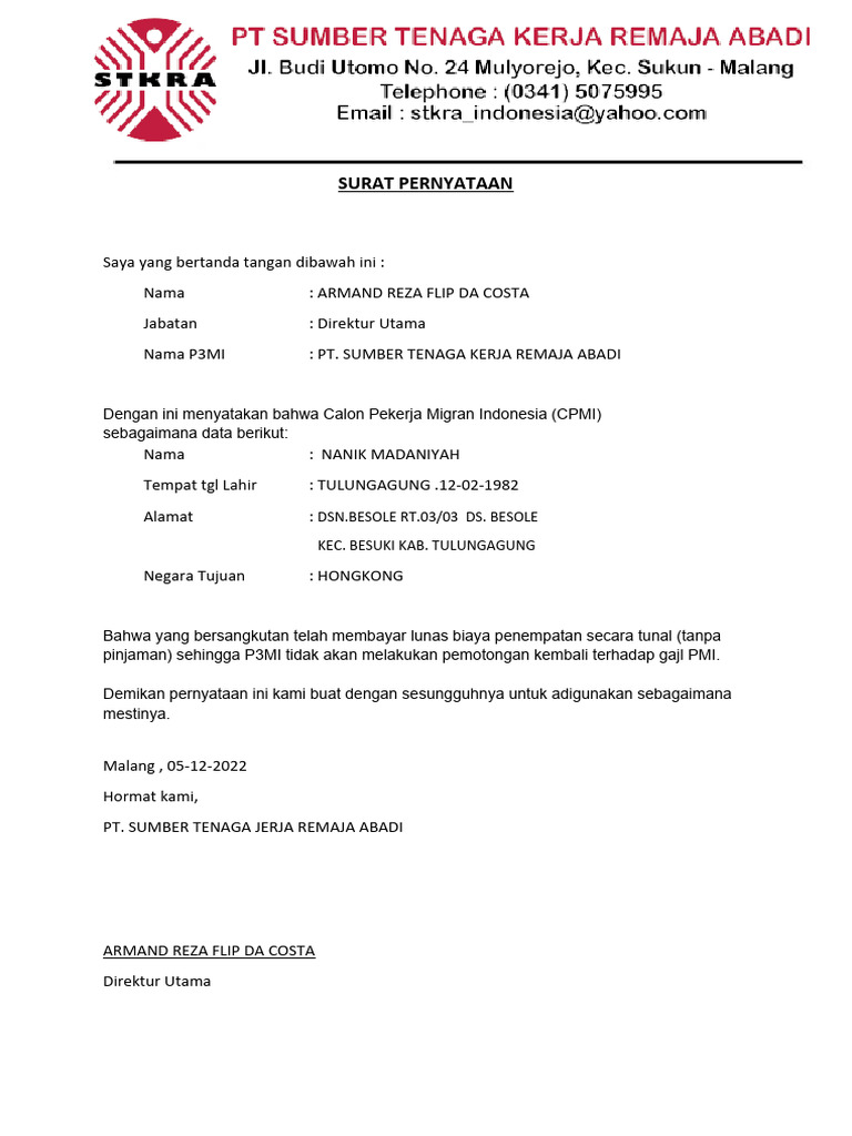 Surat Pernyataan Zero Cost Nanik Madaniyah | PDF