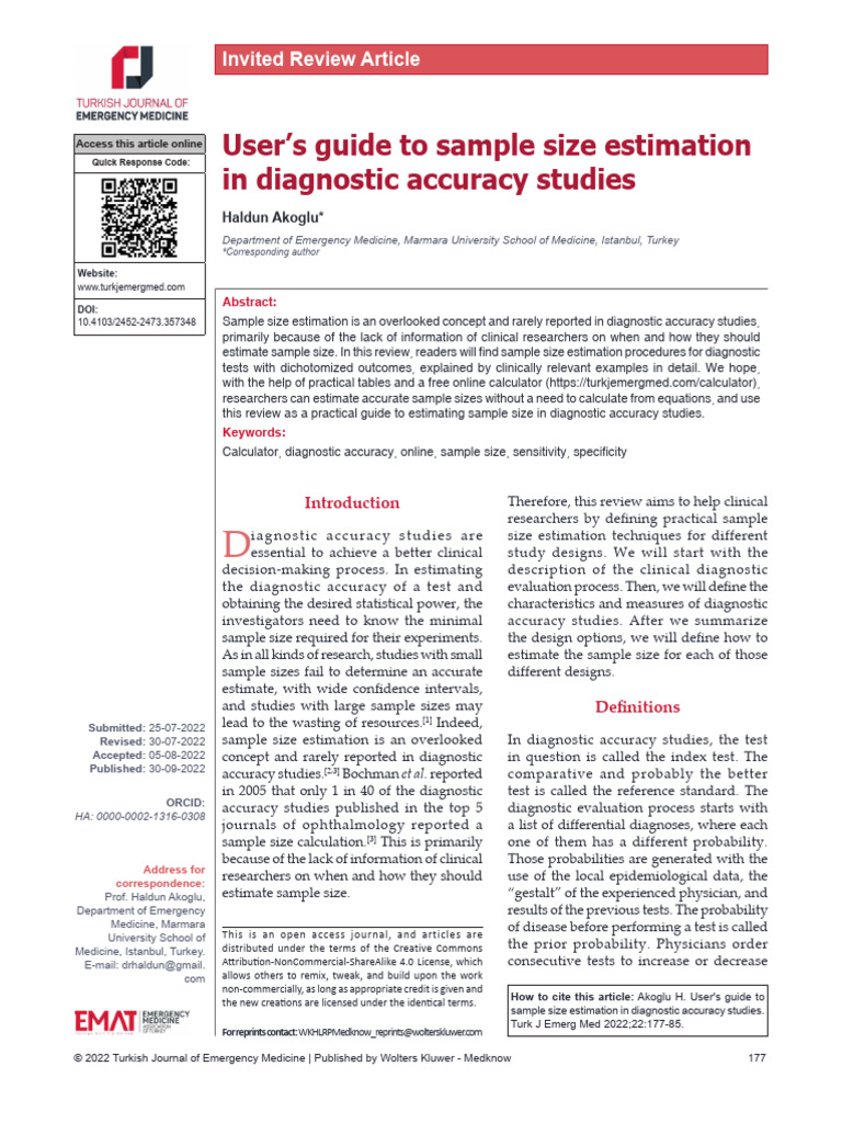 Sample Size in Diagnostic Accuracy Studies | PDF | Sensitivity And ...