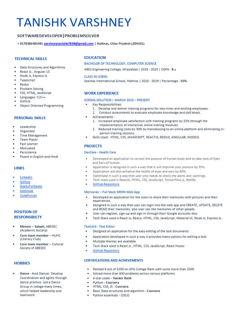 Tanishk Resume 1 | PDF | Software Engineering | Computing