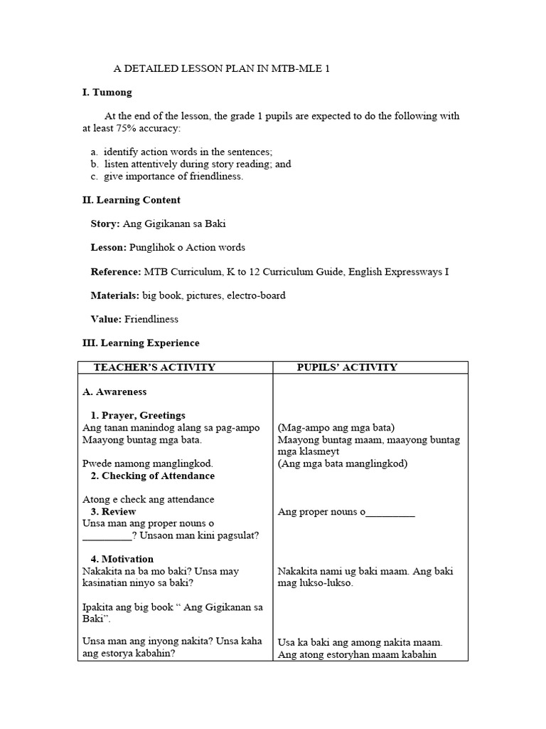 A Detailed Lesson Plan in MTB 1 | PDF