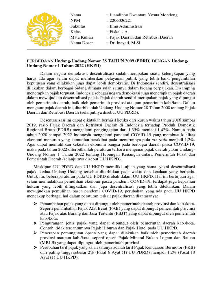 Ringkasan Perbedaan UU Nomor 28 Tahun 2009 (PDRD) Dengan UU Nomor 1 Tahun 2022 (HKPD) | PDF