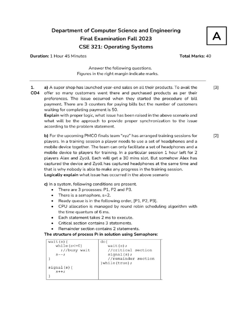 CSE321 Fall 2023 Final Question Set A 1 | PDF