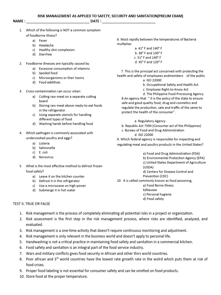 Risk Management As Applied To Safety - Prelim Exam | PDF | Foodborne Illness | Food Safety