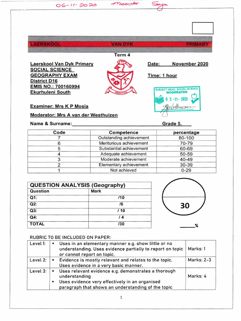 2020 November Exam Paper Gr5 Ss Geography | PDF