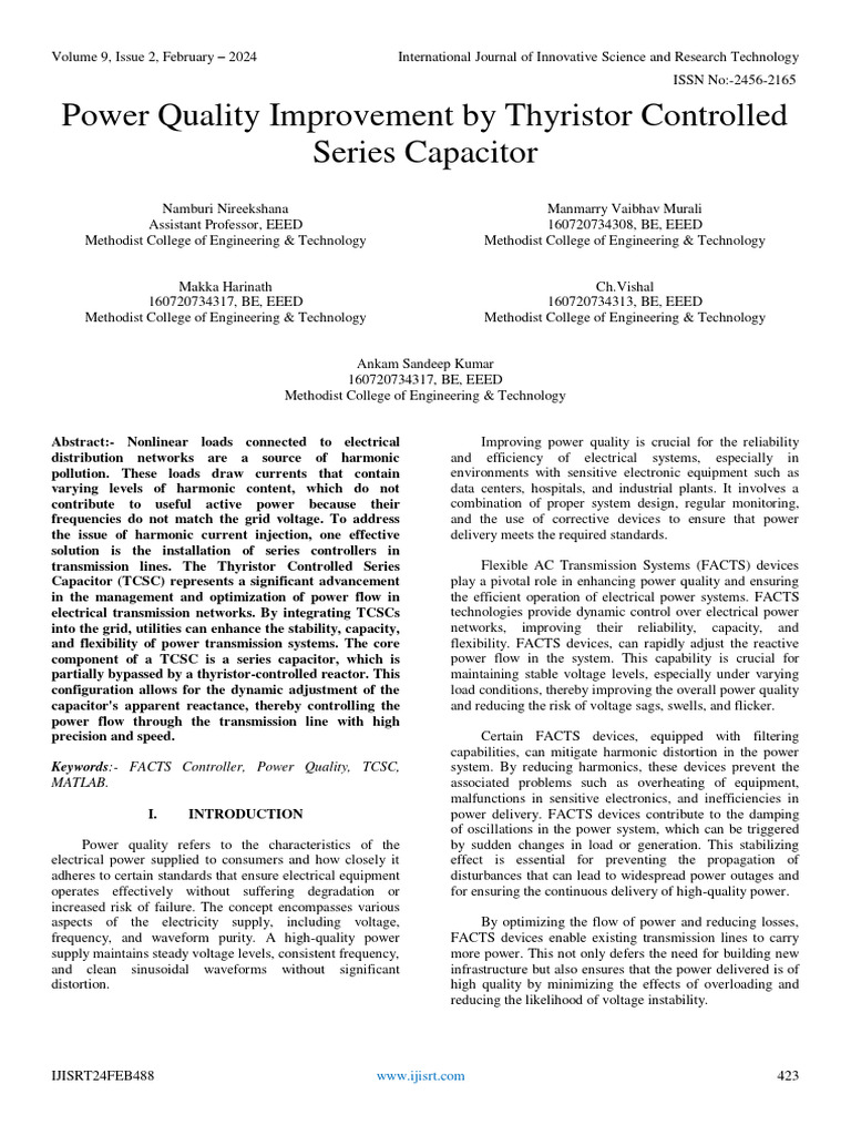 Power Quality Improvement By Thyristor Controlled Series Capacitor Pdf Electric Power