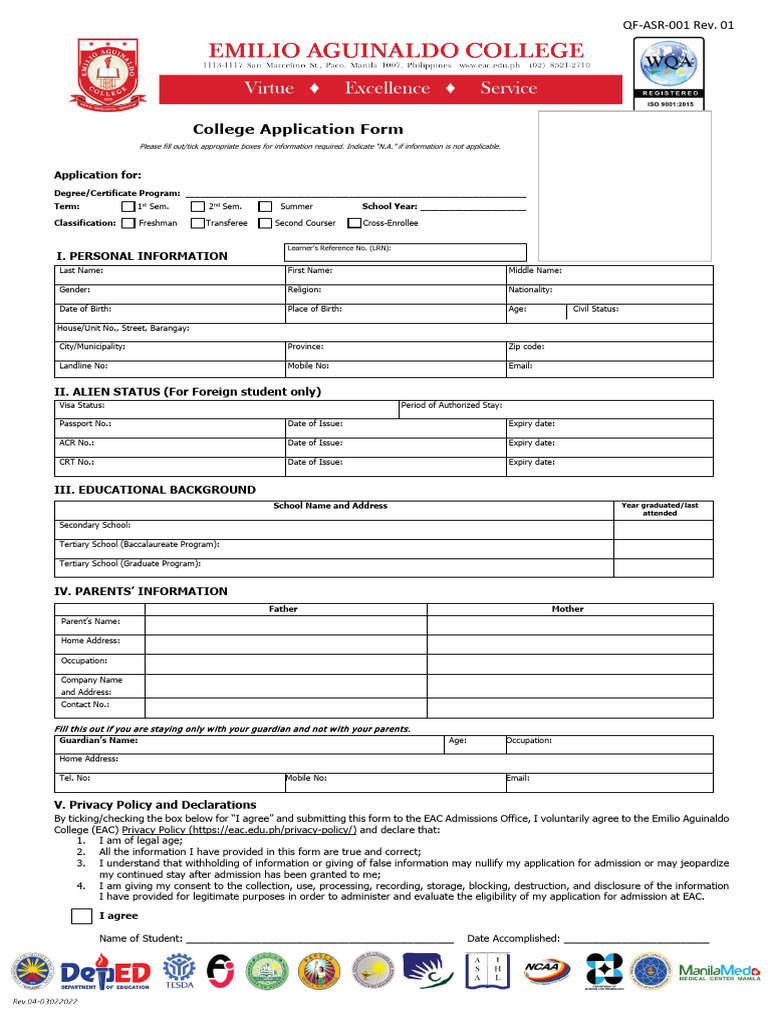 QF ASR 001 Rev. 01 College Application Form - 2021 | PDF | Cultural ...