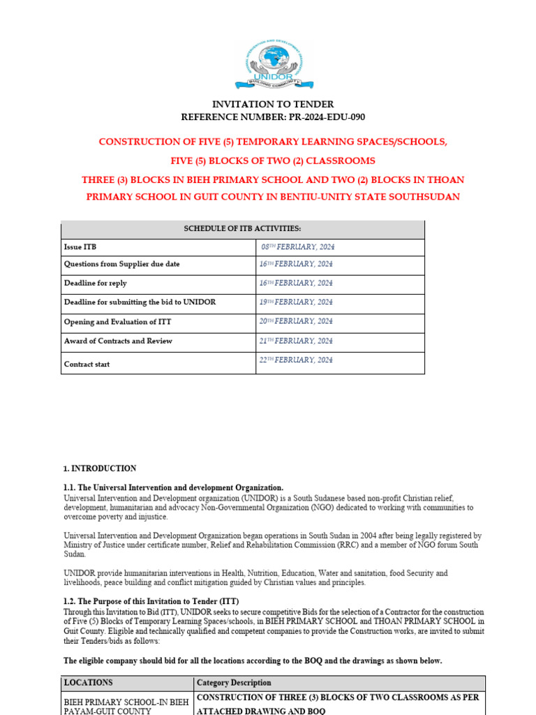 Unidor-Invitation To Tender-Construction of Five (5) Schools | PDF ...