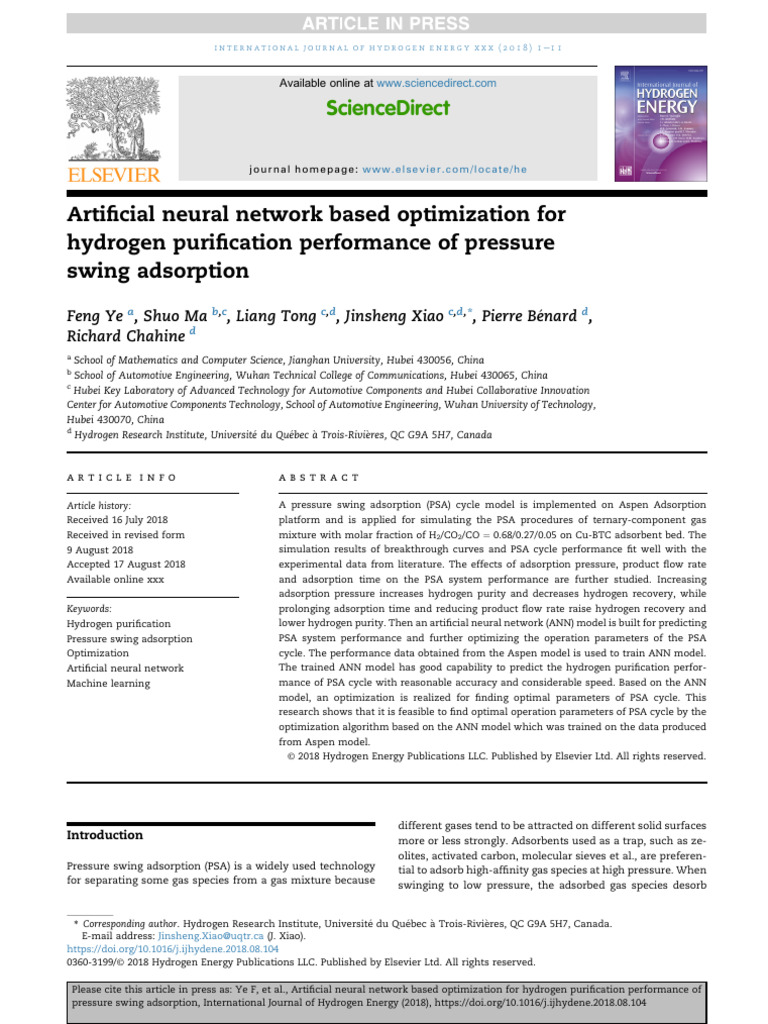 Arti Cial Neural Network Based Optimization For Hydrogen Puri Cation Performance of Pressure ...