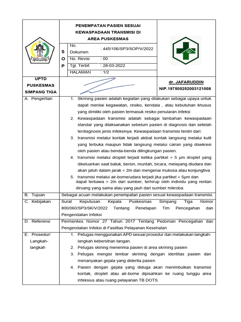 Sop Penempatan Pasien Sesuai Kewaspadaan Transmisi Di Area Puskesmas ...