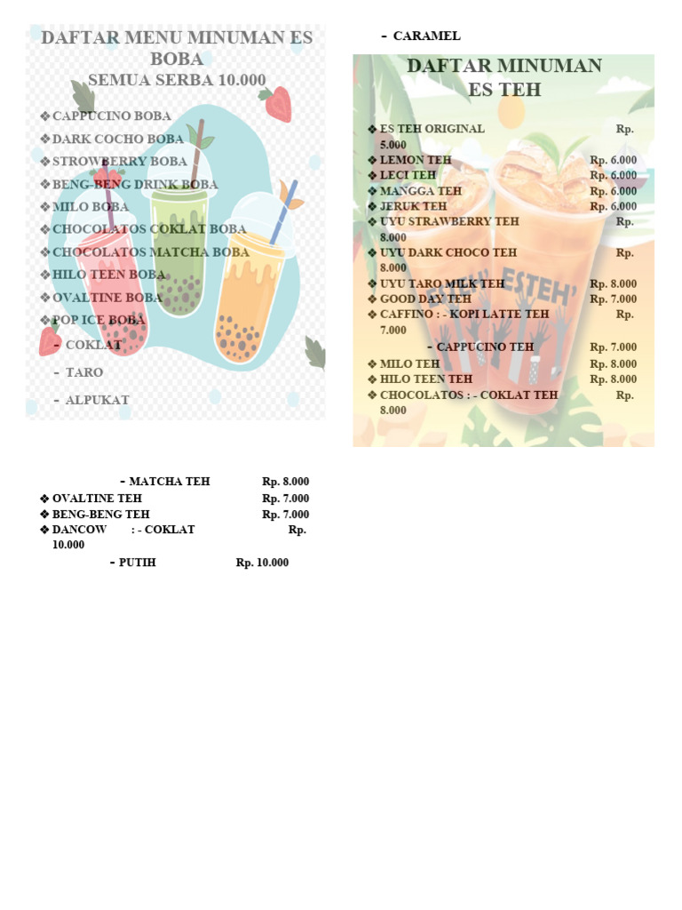 Daftar Menu Minuman Es Boba | PDF | Cooking, Food & Wine