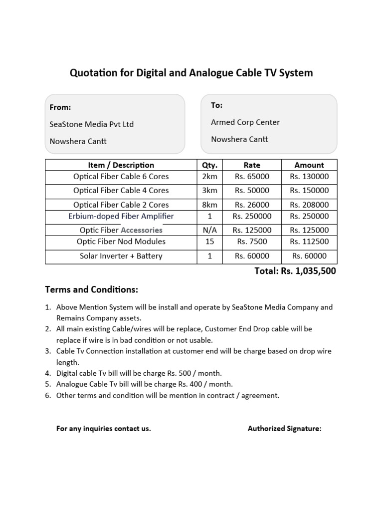 Quotation For Digital and Analogue Cable TV System | PDF