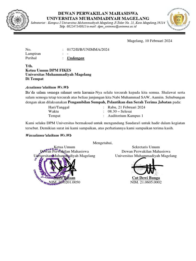 Undangan Pelantikan DPM UNIMMA 2024 | PDF