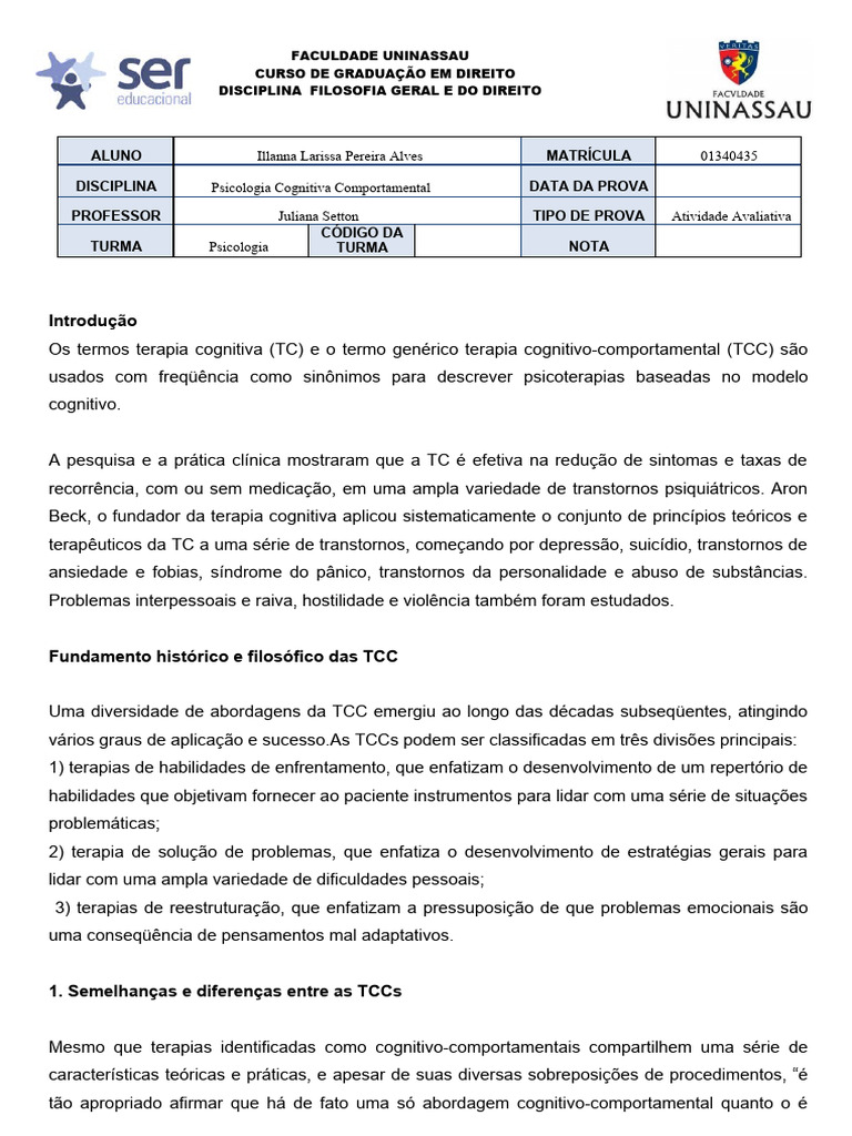 Resumo TCC | PDF | Terapia cognitiva comportamental | Psicoterapia
