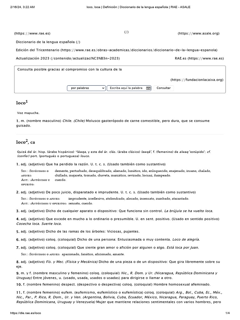Definición de "loco" y "loca" RAE | PDF | España | Lenguas de Europa