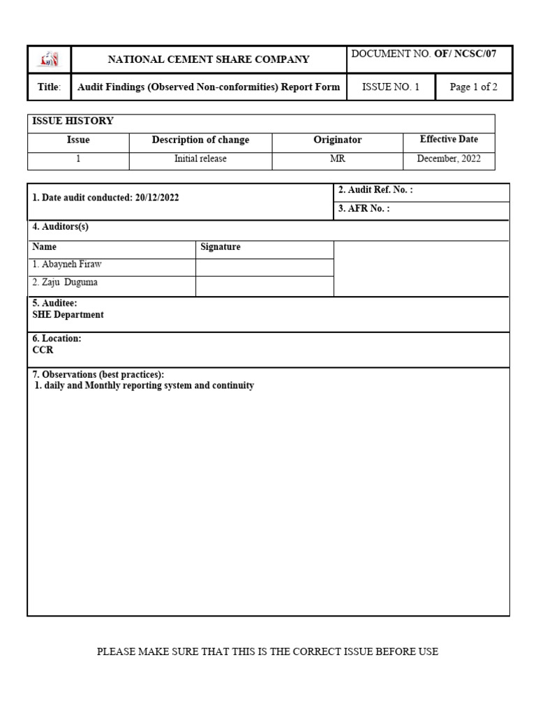 Of-NCSC-07 Audit Non Conformity Reporting Forms Dec, 2022 | PDF