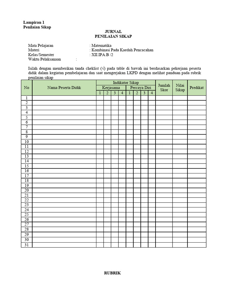 Lembar Penilaian Sikap, Keterampilan Dan Pengetahuan (Saifudin - MTK) | PDF