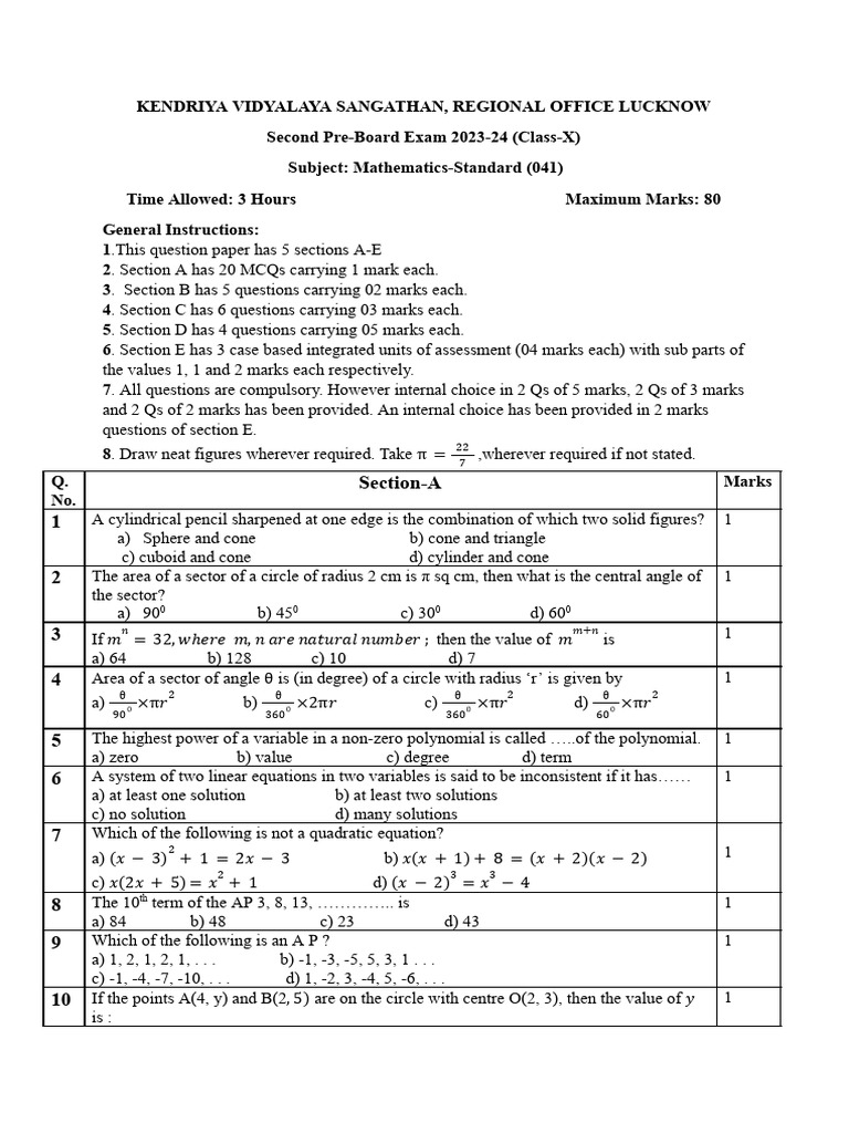 X Maths STD QP | PDF | Equations | Circle