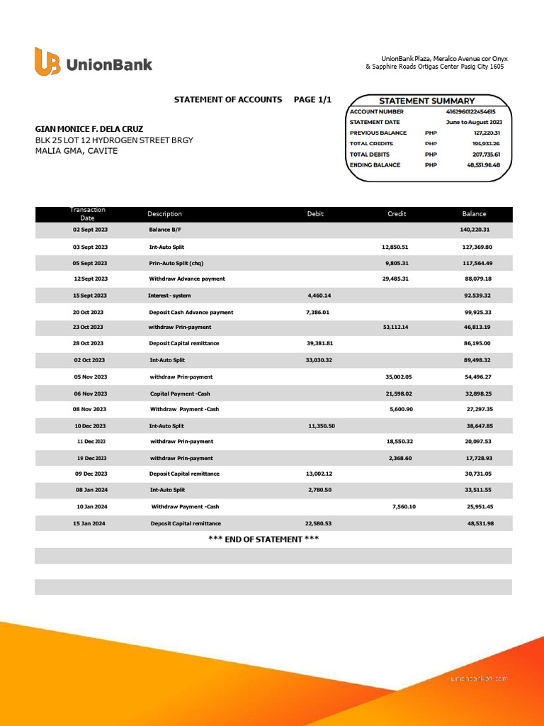 Irish Joy Escal Ub Statement of Acct | PDF | Banking | Financial Technology