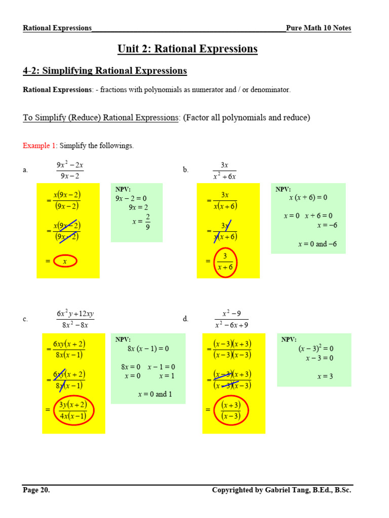 Rational Expressions Notes (Answers) | PDF | Equations | Rational Number