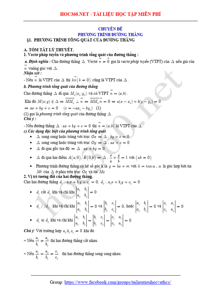 Chuyen de Phuong Trinh Duong Thang Hinh Hoc 10 | PDF