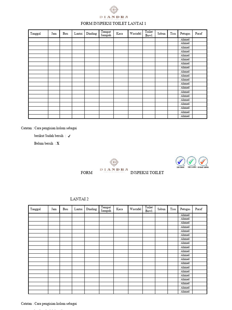 Form Inspeksi Toilet Fix | PDF