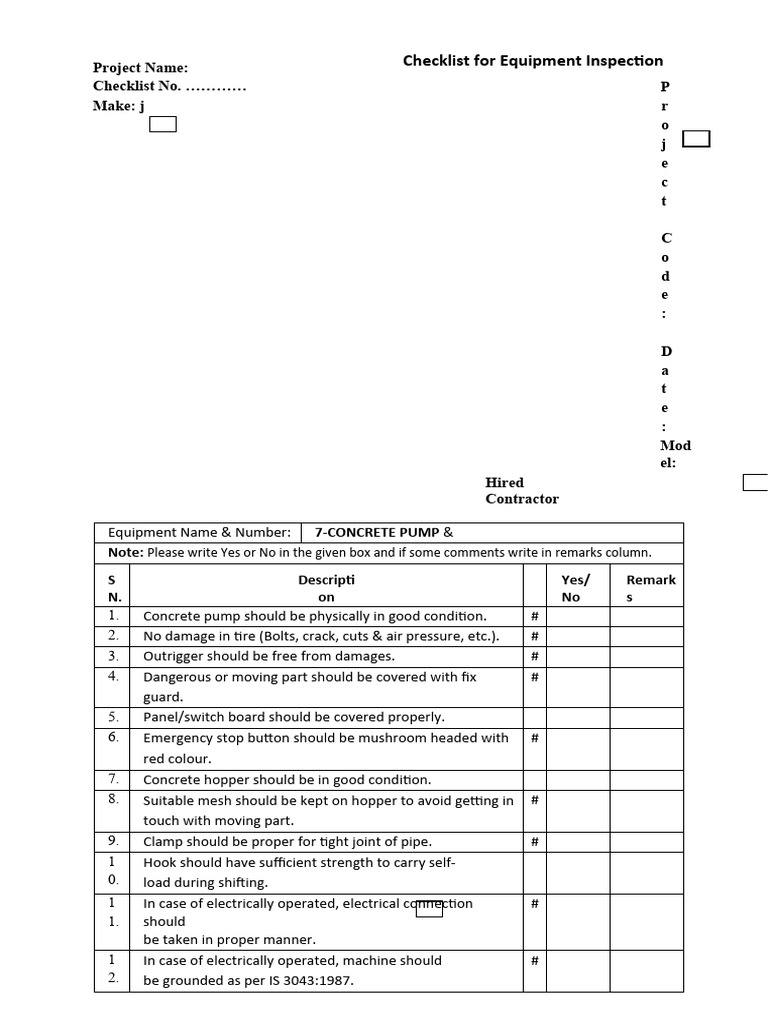 Concrete Pump Inspection Checklist | PDF | Mechanical Engineering ...