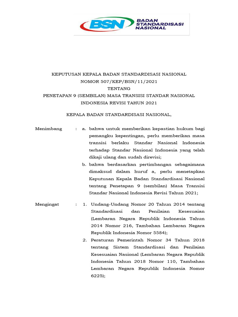 Keputusan Masa Transisi SNI 2021 | PDF