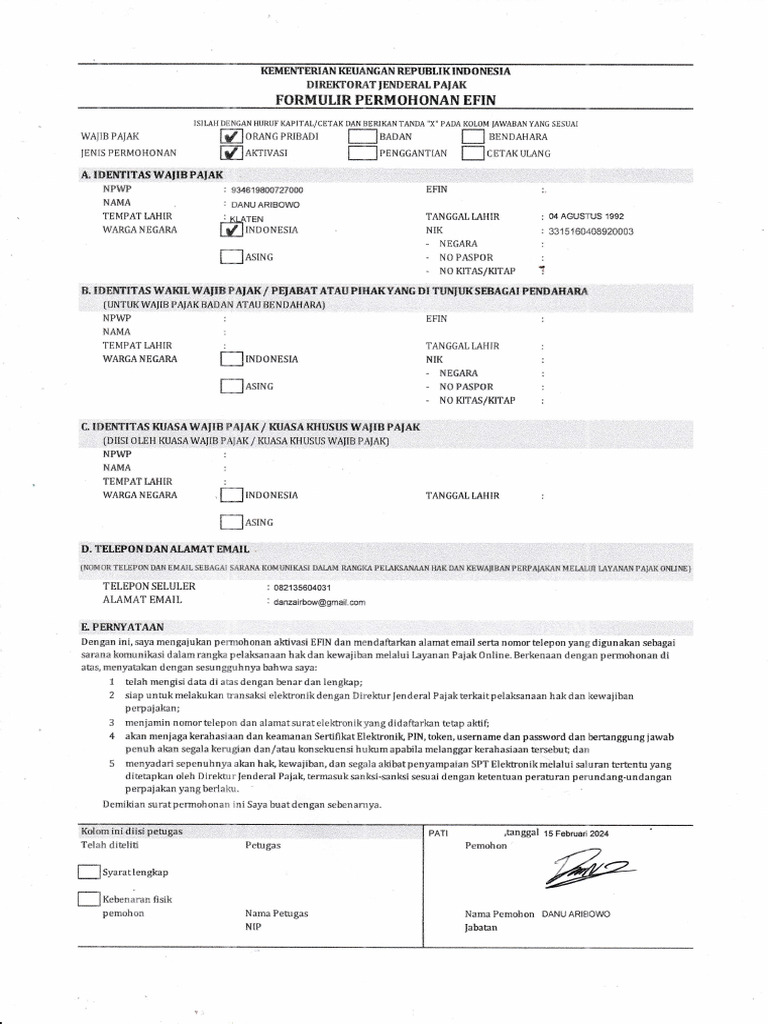 Formulir Permohonan Aktivasi EFIN | PDF