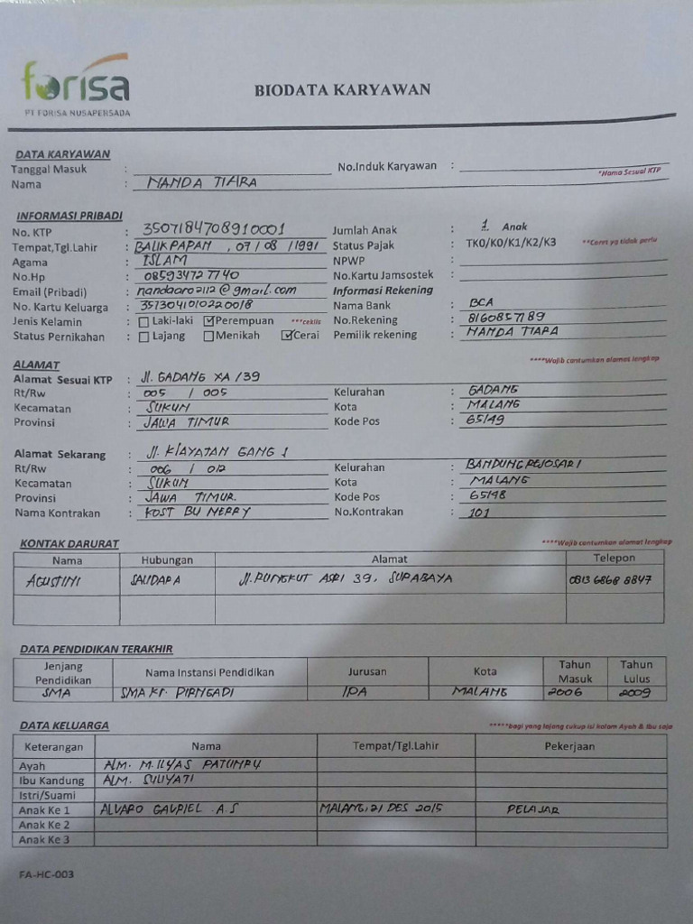 Biodata Karyawan | PDF