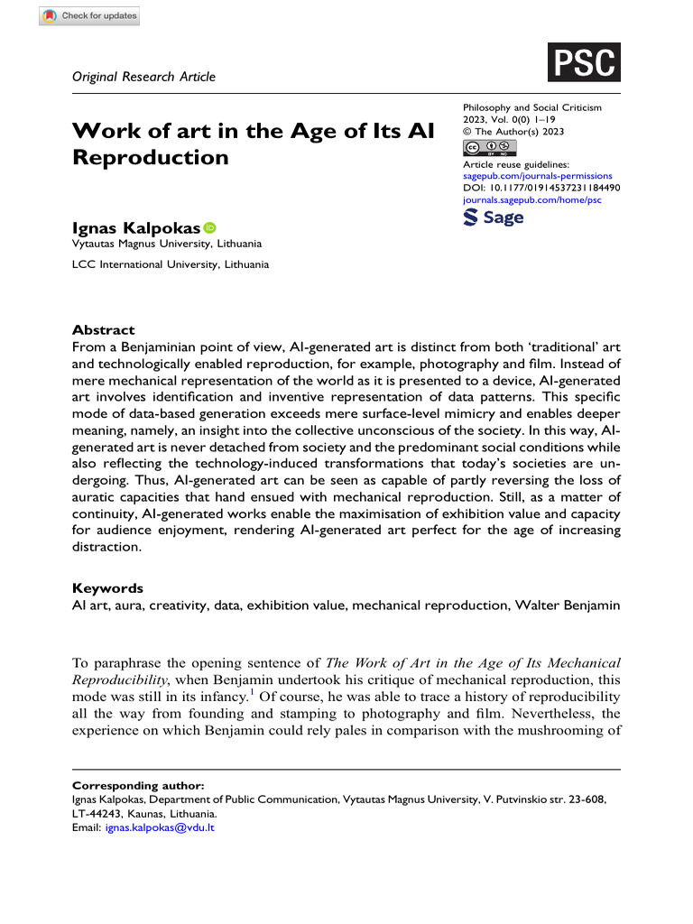 Kalpokas 2023 Work of Art in the Age of Its Ai Reproduction | PDF | Artificial Intelligence ...