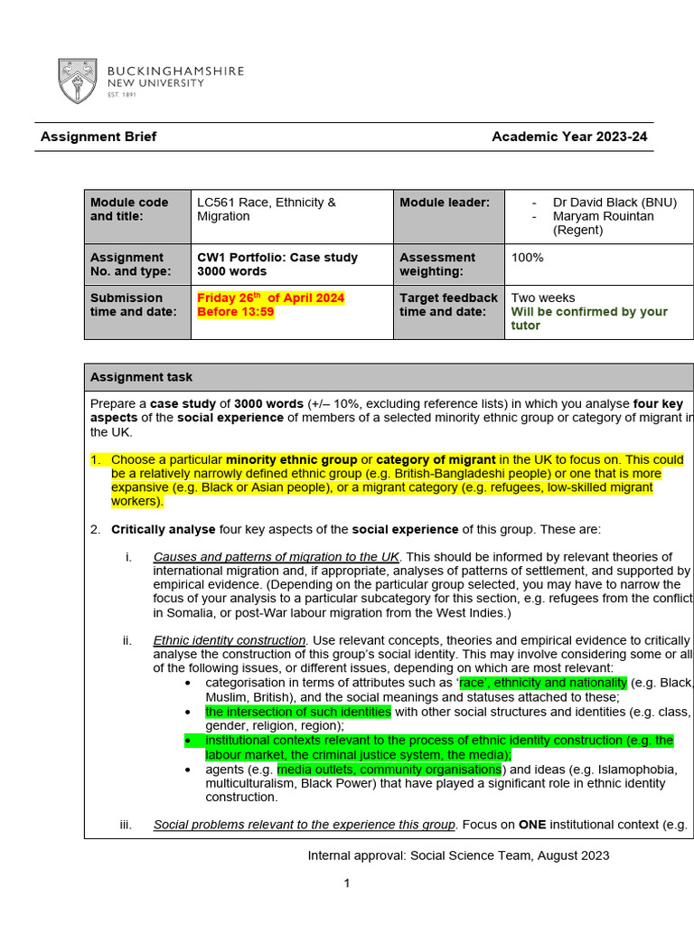 LC561 CW1 Assignment Brief 2023-24 - Jan Cohort | PDF | Ethnicity | Immigration