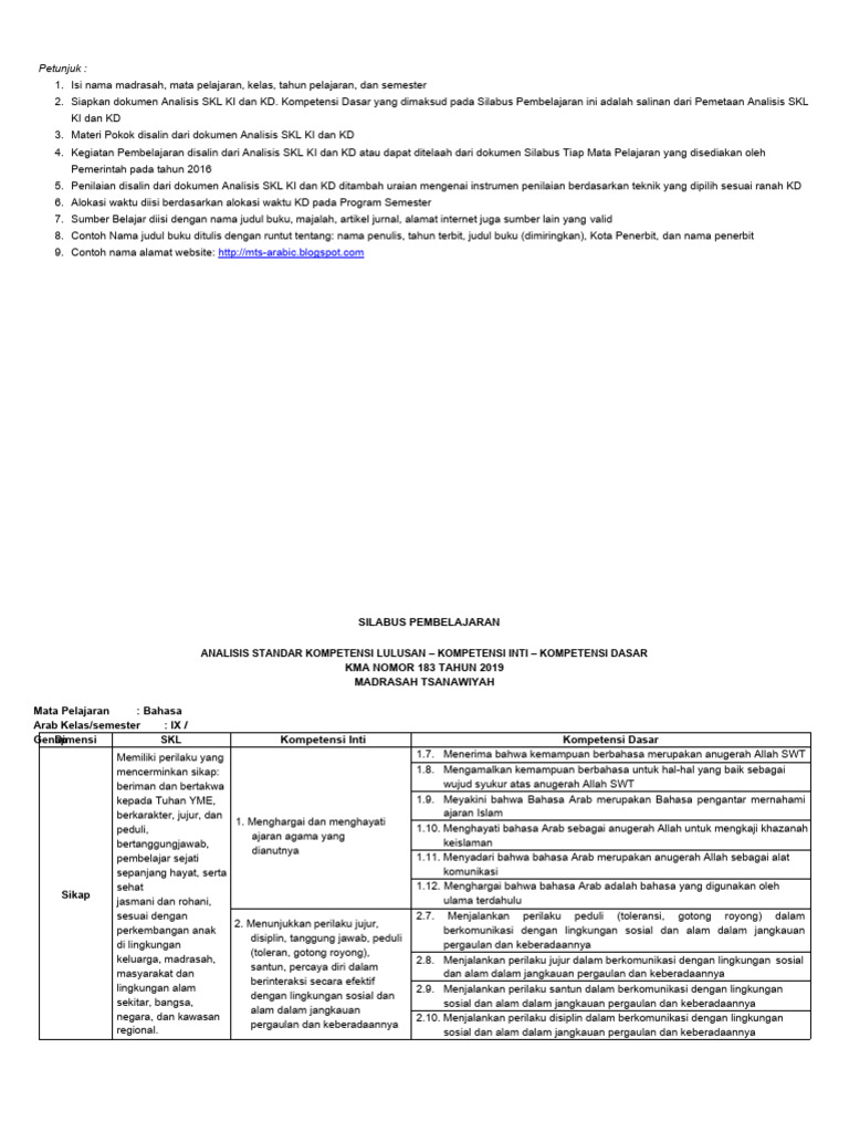 SILABUS BAHASA ARAB KELAS IX SEMESTER GENAP-dikonversi | PDF