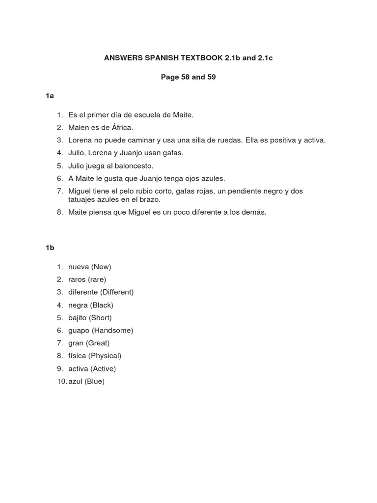 ANSWERS SPANISH TEXTBOOK 2.1b and 2.1c | PDF