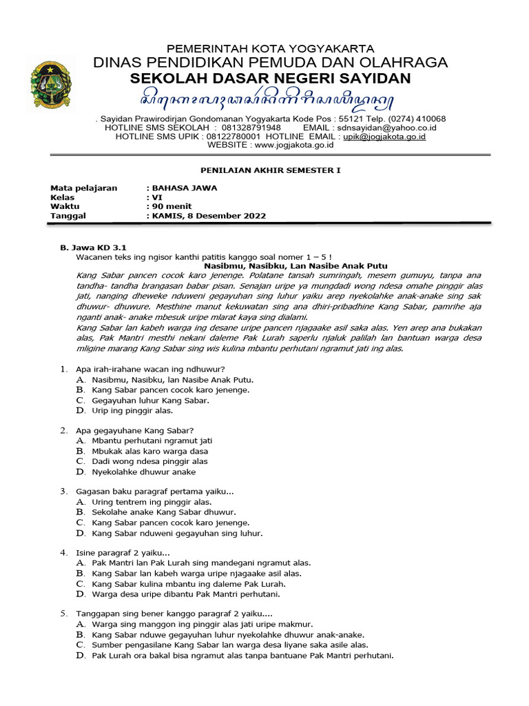 Soal Pas B. Jawa Kelas 6 Semester 1 | PDF