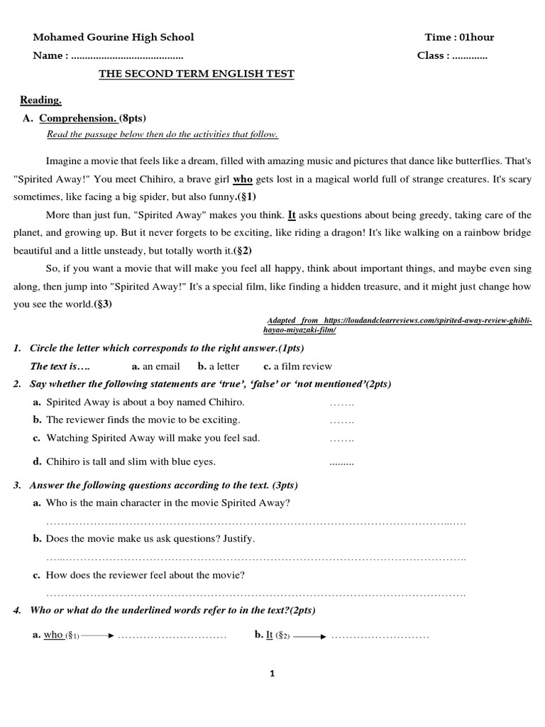 "Spirited Away" Film Review Test | PDF | Language Arts & Discipline
