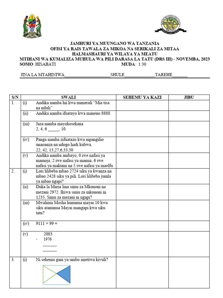 Hisabati DRS Iii 2023-Edited | PDF