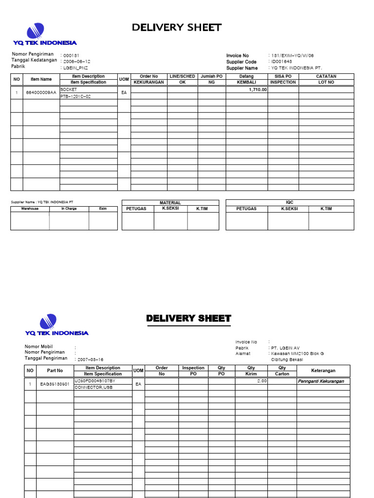 Pengiriman dan Penerimaan Barang YQ Tek | PDF