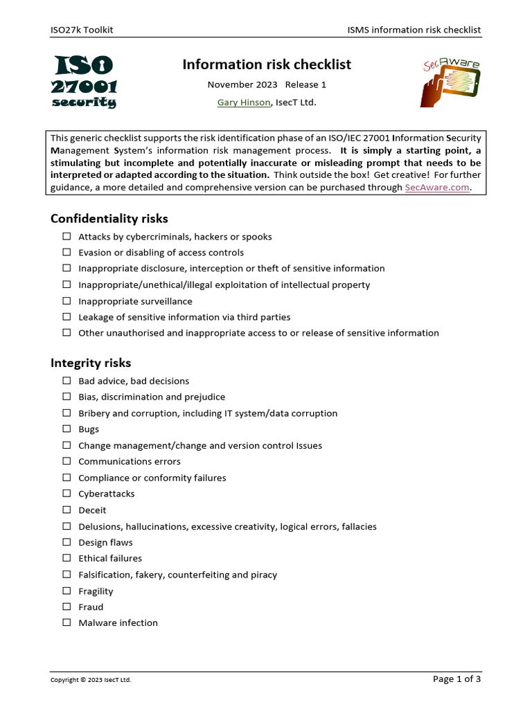 ISO27k ISMS 6.1.2 Information Risk Catalogue 2023 | PDF | Computer ...