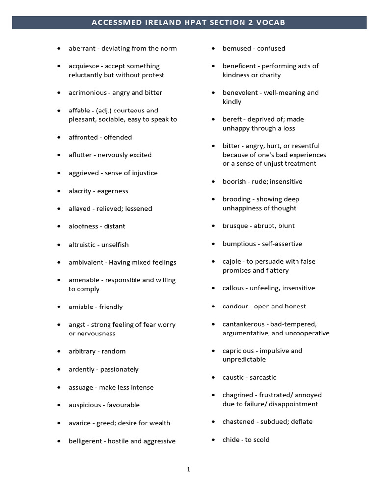 Accessmed Ireland Hpat Section 2 Vocab | PDF