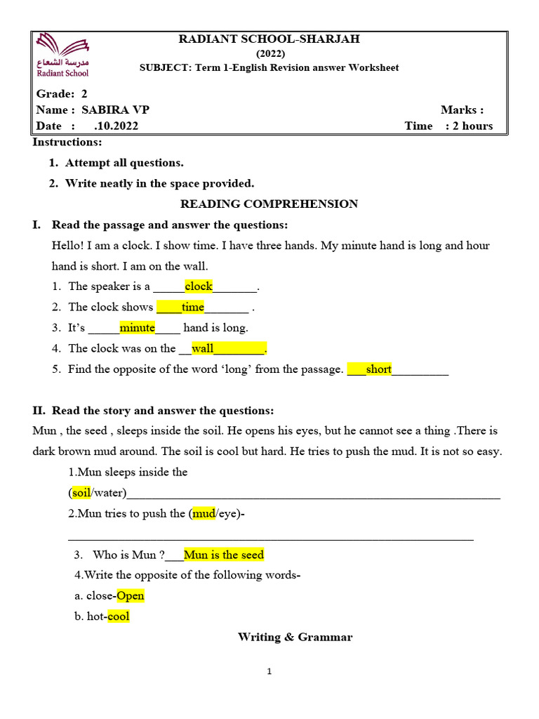 English Revision Worksheet Answersheet | PDF | Human Communication ...
