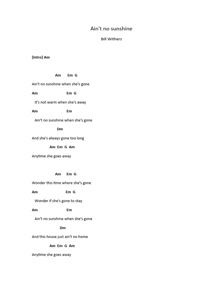 Ain't No Sunshine Chords & Lyrics | PDF