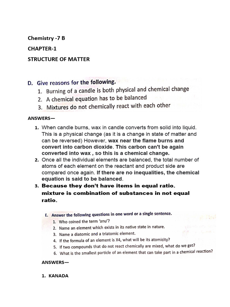 Chemistry Chapter - 1 Structure of Matter Question and Answers | PDF