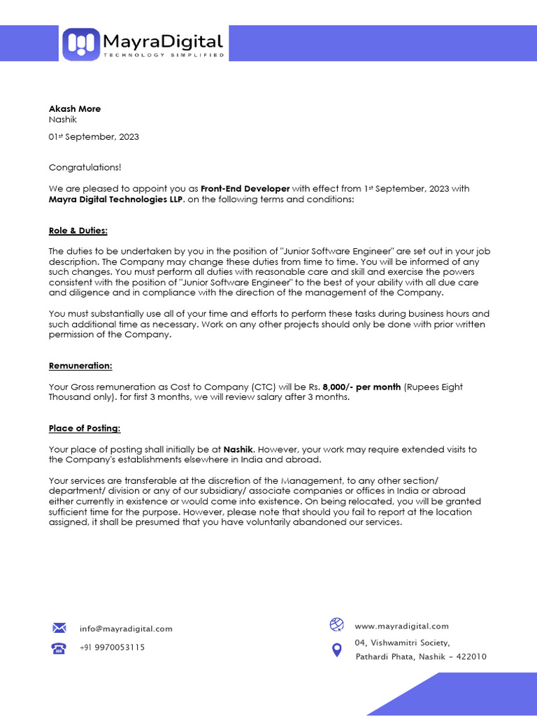 Akash Offer Letter | PDF | Breach Of Contract | Employment